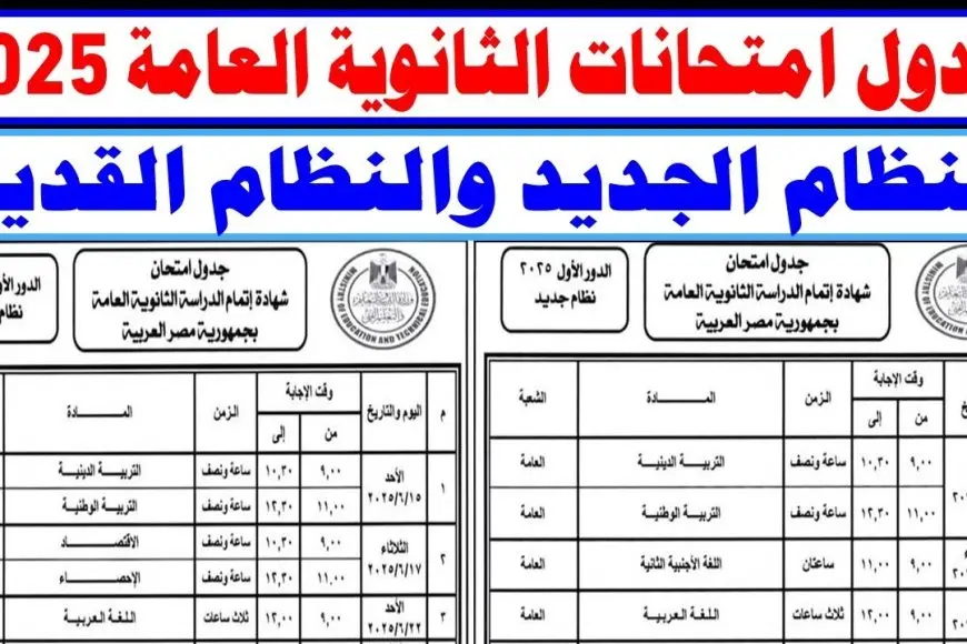 جدول امتحانات الثانوية العامة 2025 علمي علوم وعلمي رياضة بعد اعتماد وزير التربية والتعليم - NNI مصر